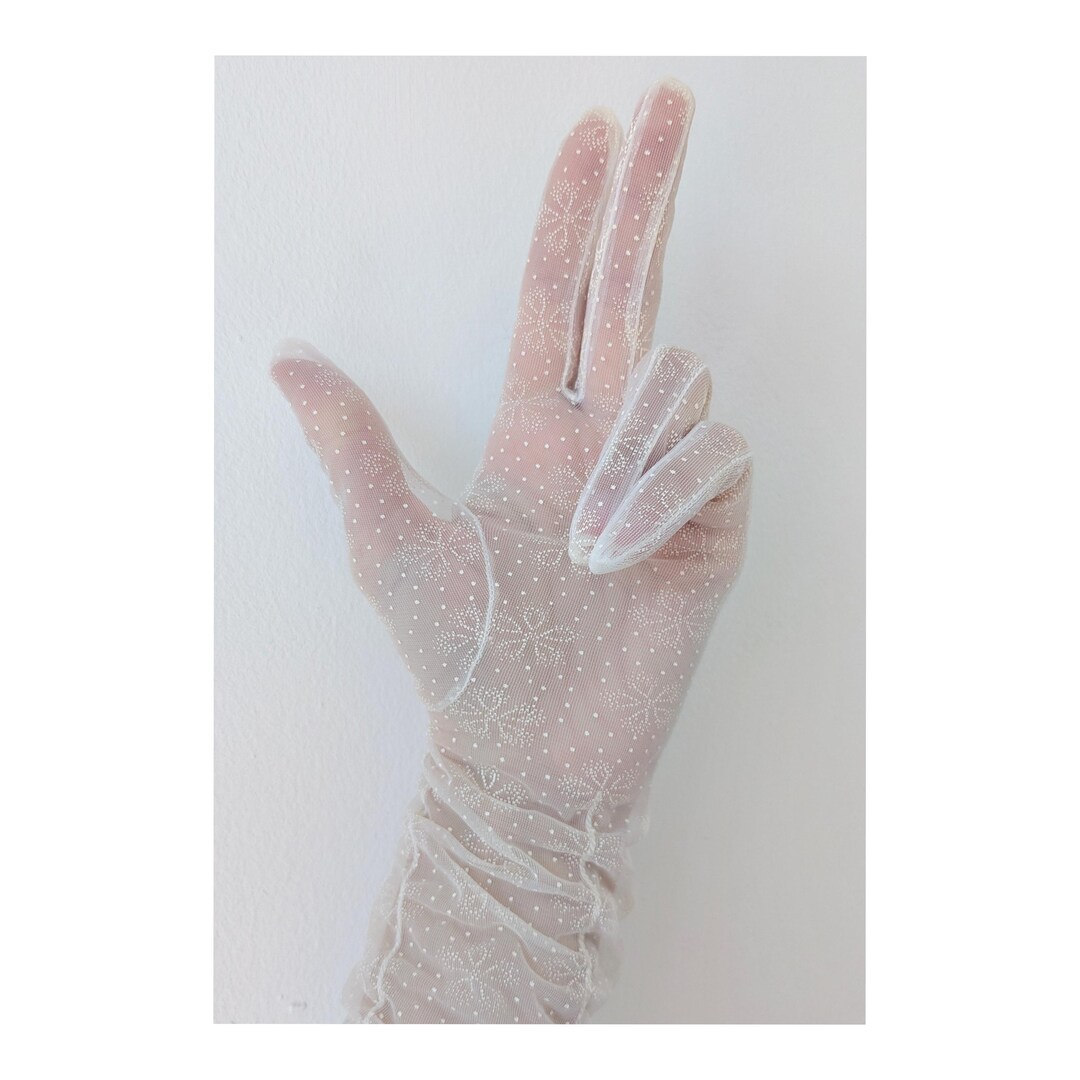 1940s White Sheer Ruched Gloves With Ditsy Floral Pattern * Long White ...