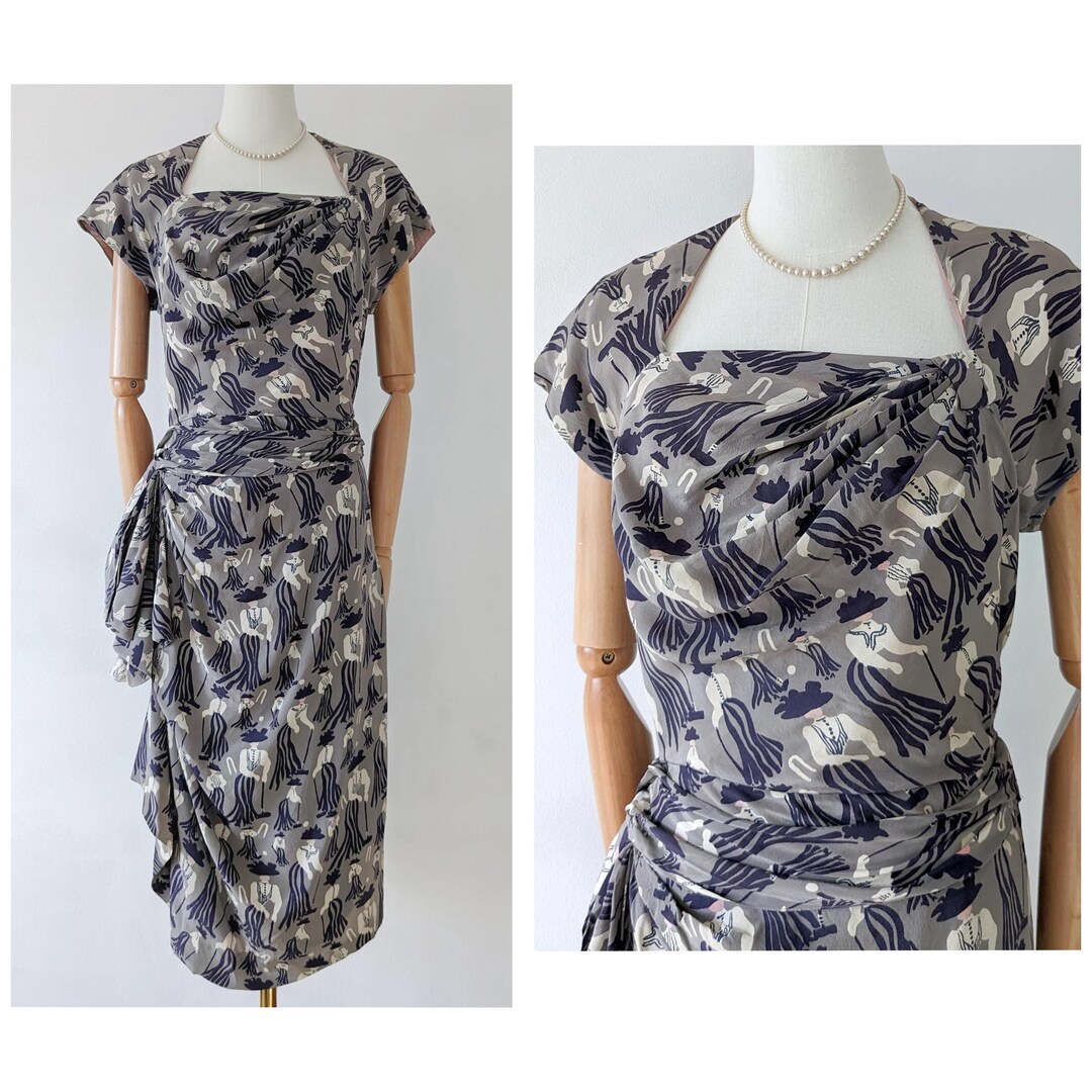 1940s Novelty Print Silk Dress With Hip Swag * 1940s Novelty Print ...