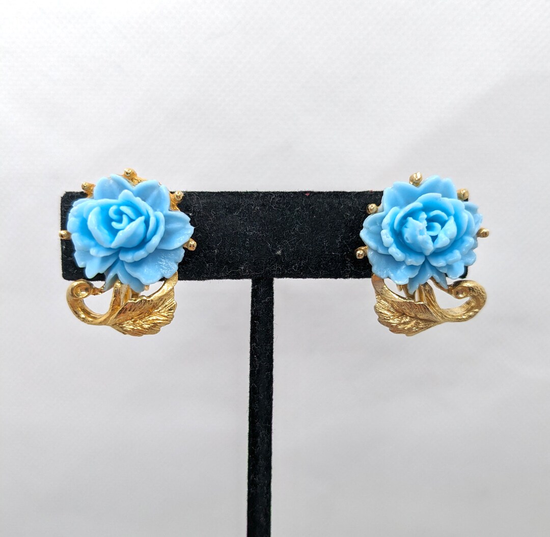 Vintage Blue Rose Clip on Earrings Vintage Blue Flower Earrings 1960s ...