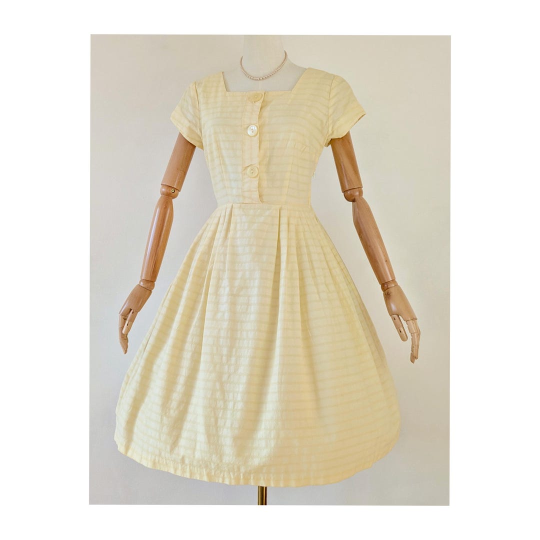 1950s Pale Yellow Cotton Sun Dress * 1950s Fit and Flare Dress * 1950s ...