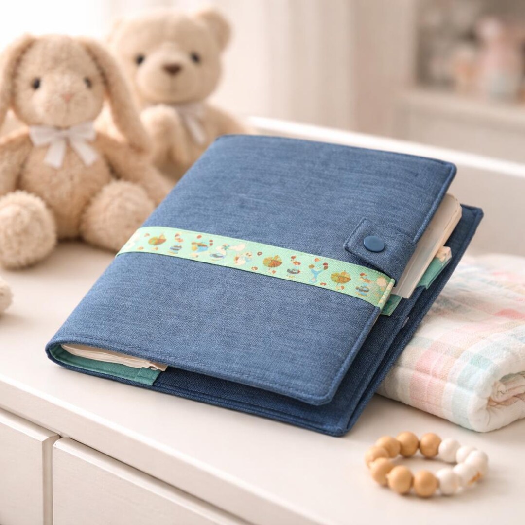 Navy Blue Health Record Book Cover With Ribbon Featuring Birth Motifs ...