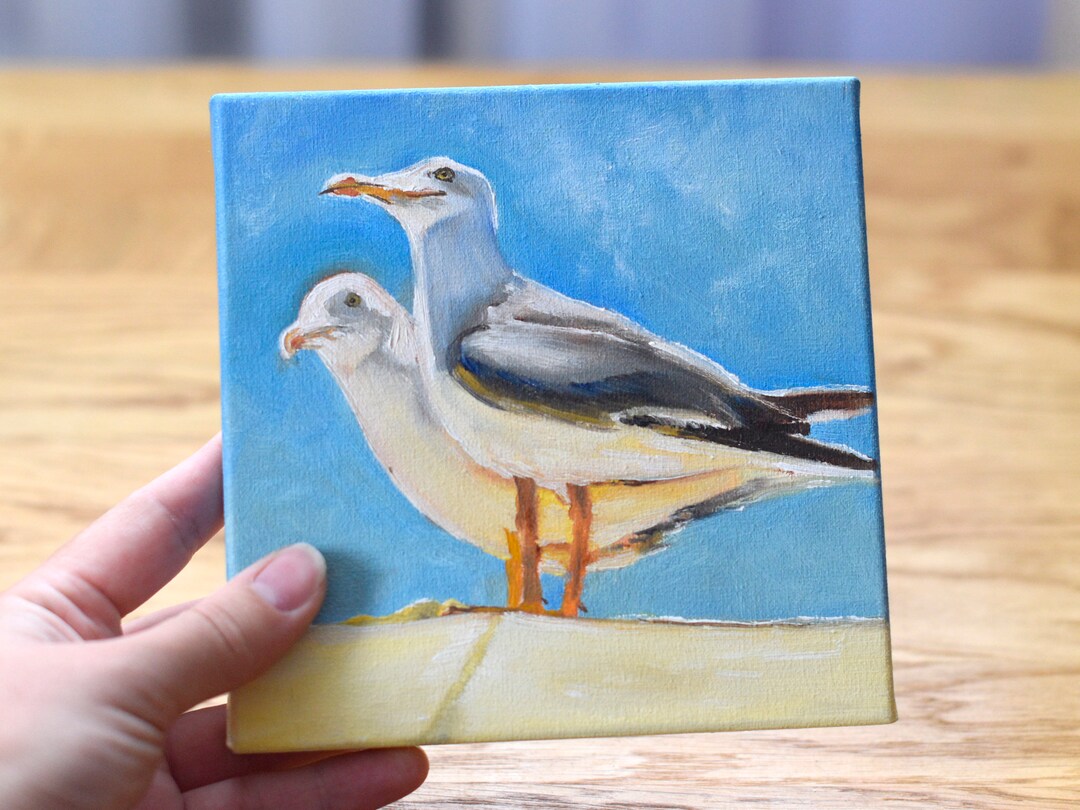 Mini Painting "seagulls" Art on Canvas Sea Piece, White Birds Art ...