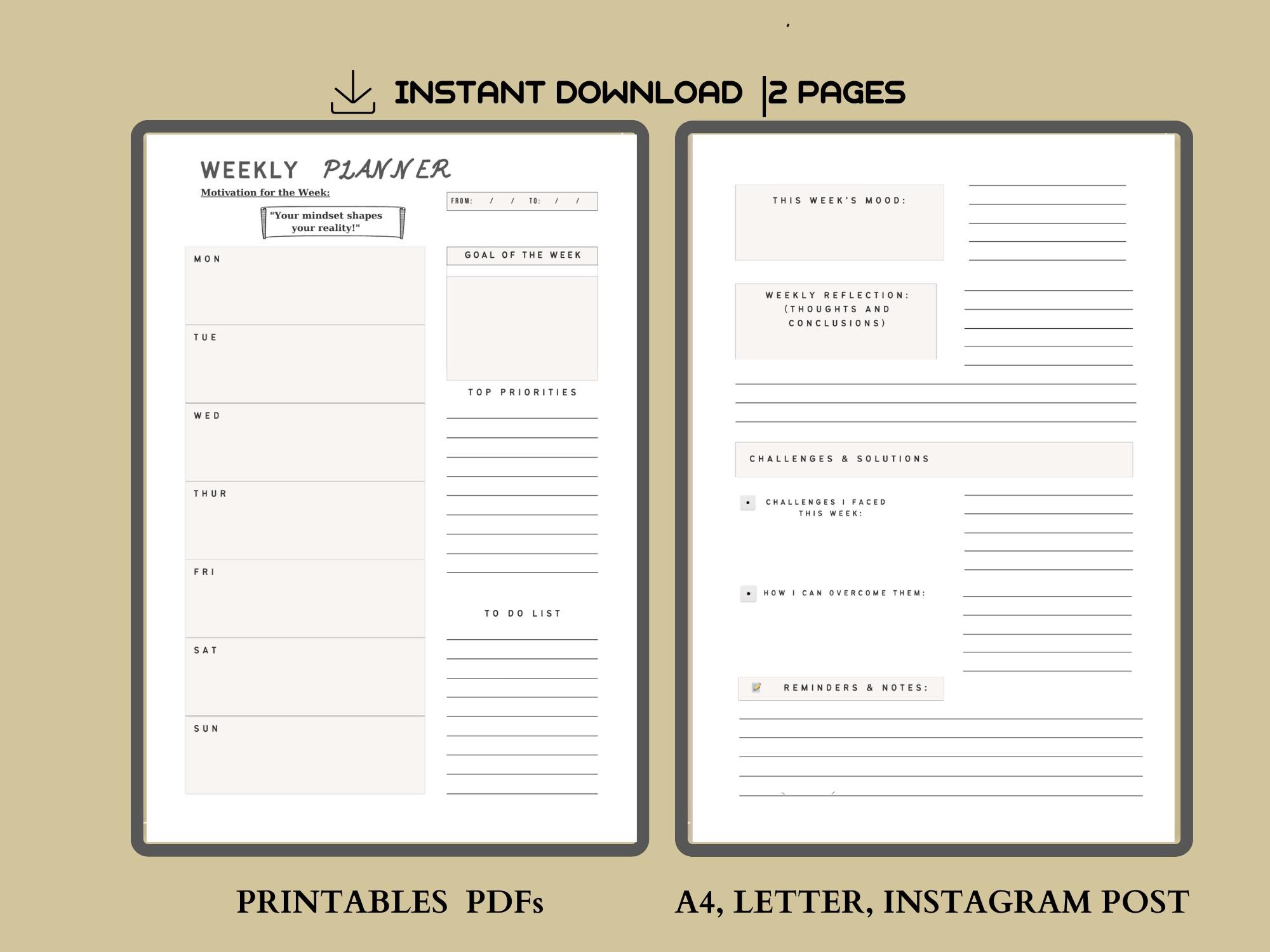 Weekly Planner Printable| A4, Letter & Instagram Post | Minimalist ...