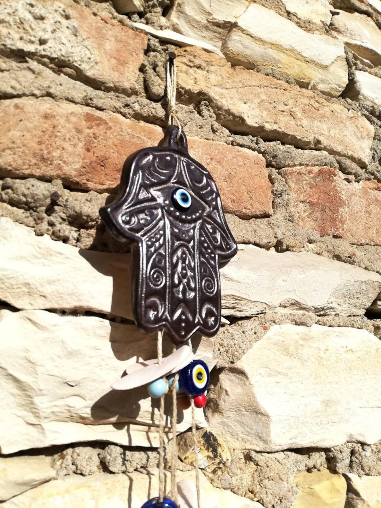 Hamsa Wall Hanging, Beaded Fish Hamsa Wall Decor, Rustic Hamsa Hand ...