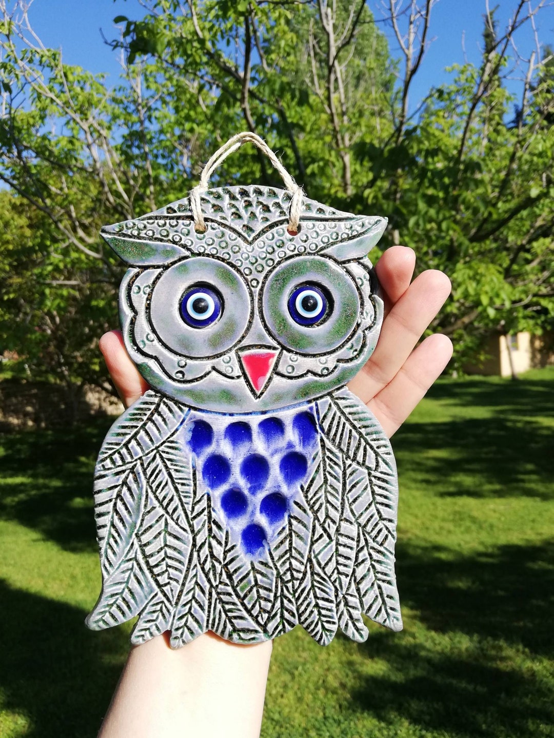 Grey and Blue Ceramic Owl Lover Gift, Outdoor Decor Cute Owl Garden ...