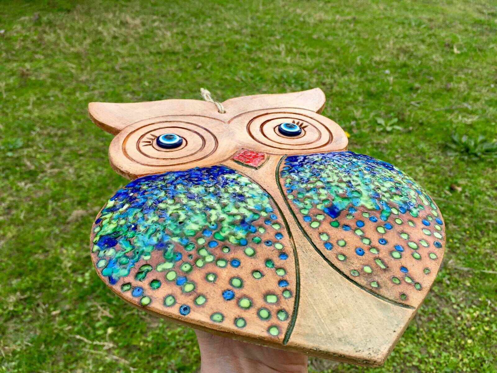 Large Ceramic Owl Wall Hanging Green Blue Wall Decor Rustic - Etsy