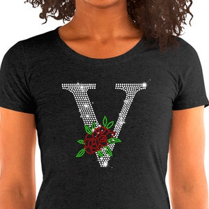 Floral Letter V SVG, Rhinestone Template, Diamond Bling Monogram, Rose ...