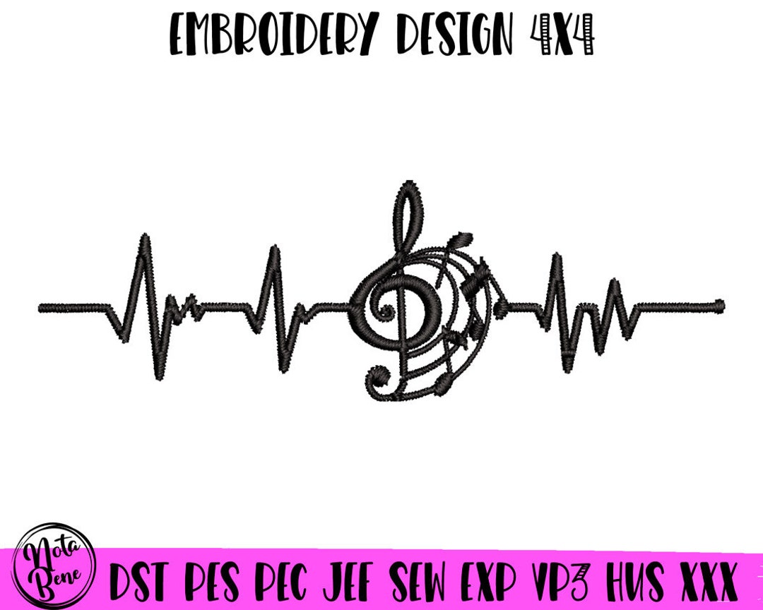 Music Note Heart Line Embroidery Design, Heartbeat Line, Treble G Clef ...