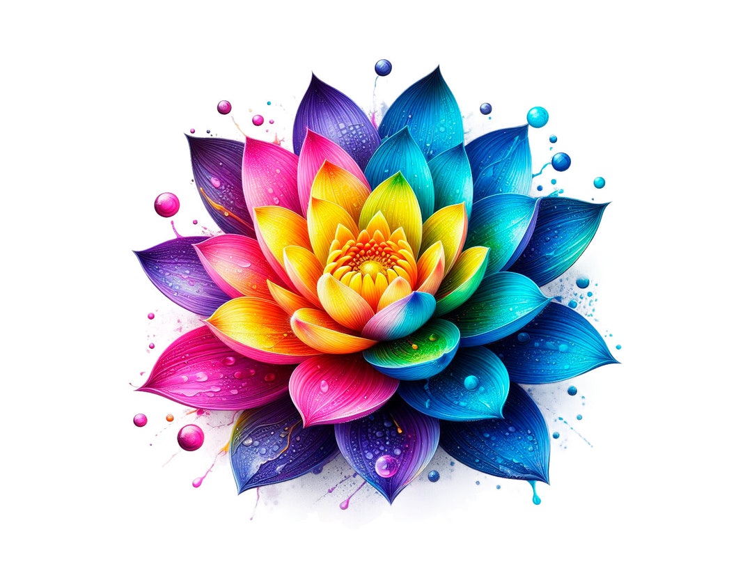 Colorful Lotus Flowers PNG Bundle - 12 Rainbow Watercolor Paint ...
