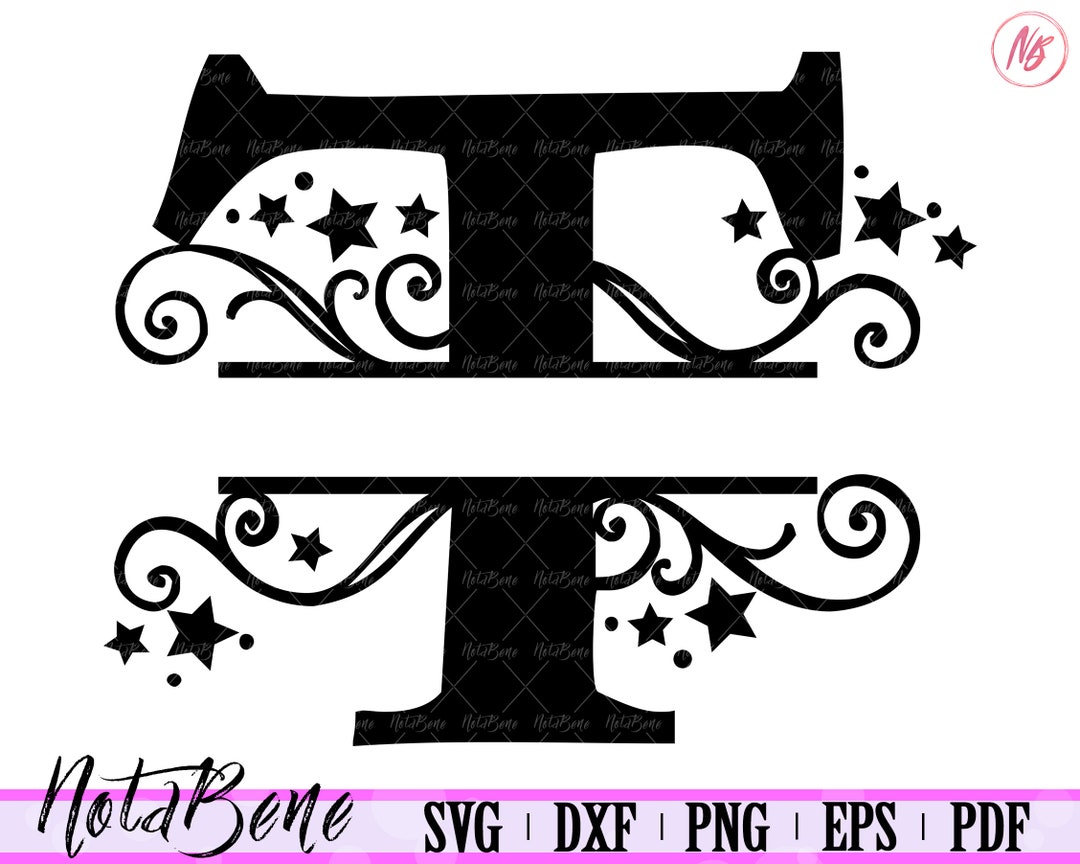 T Split Monogram SVG Swirls Stars Split Letter T SVG Elegant Divided ...