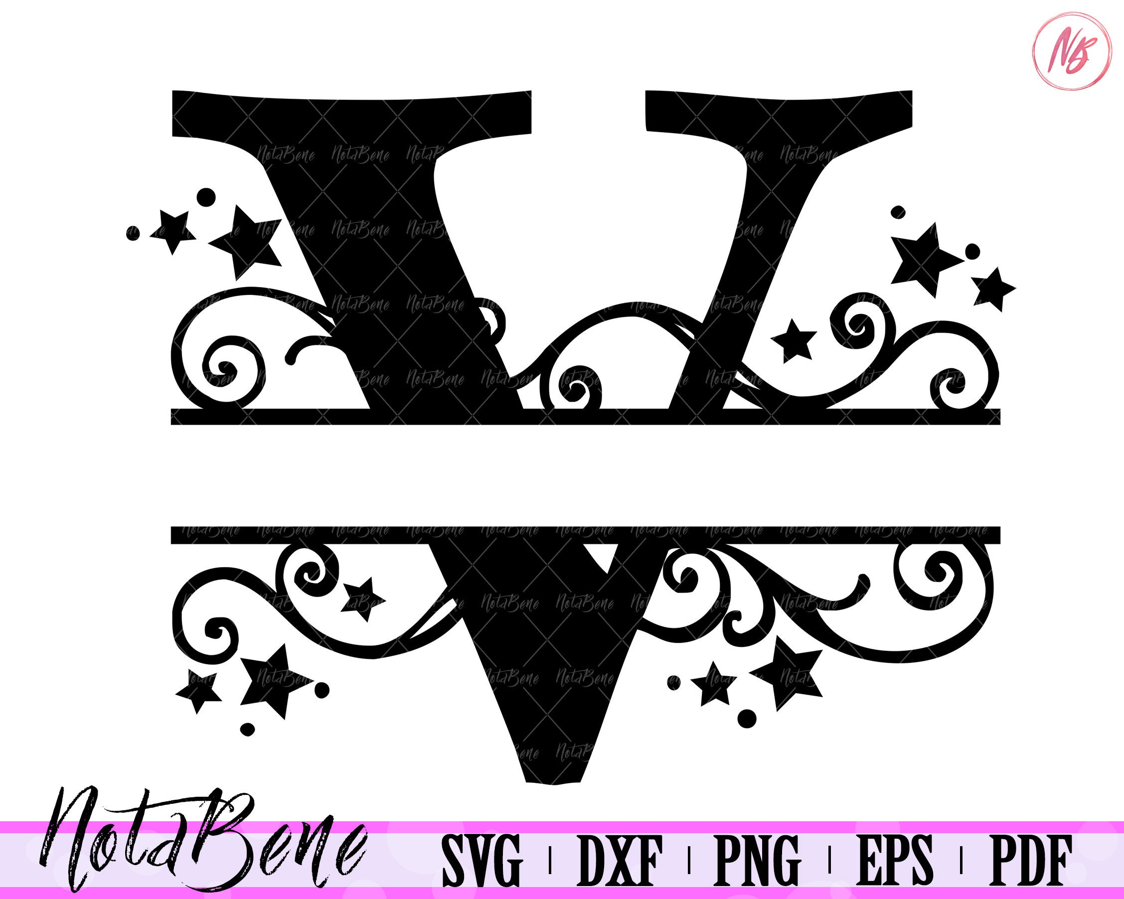 V Split Monogram SVG Swirls Stars Split Font Letter V SVG | Etsy