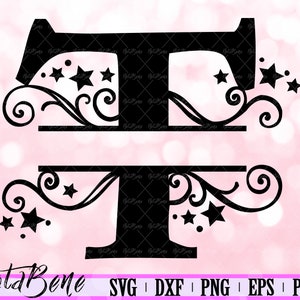 T Split Monogram SVG Swirls Stars Split Letter T SVG Elegant Divided ...