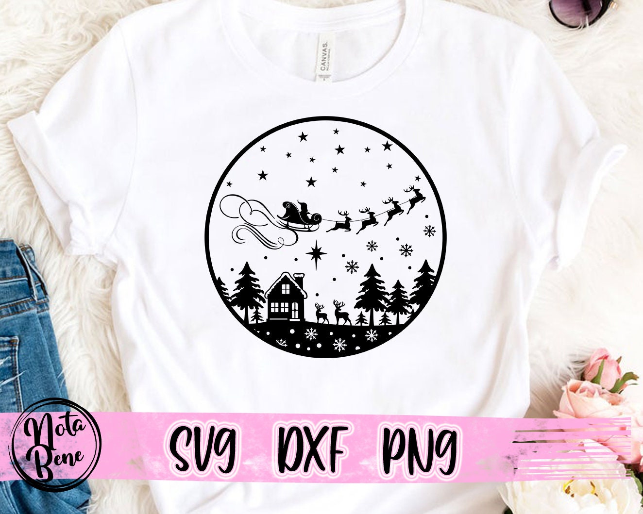 Santa in Sleigh Flying Over Night Village SVG Christmas Svg Night Town ...