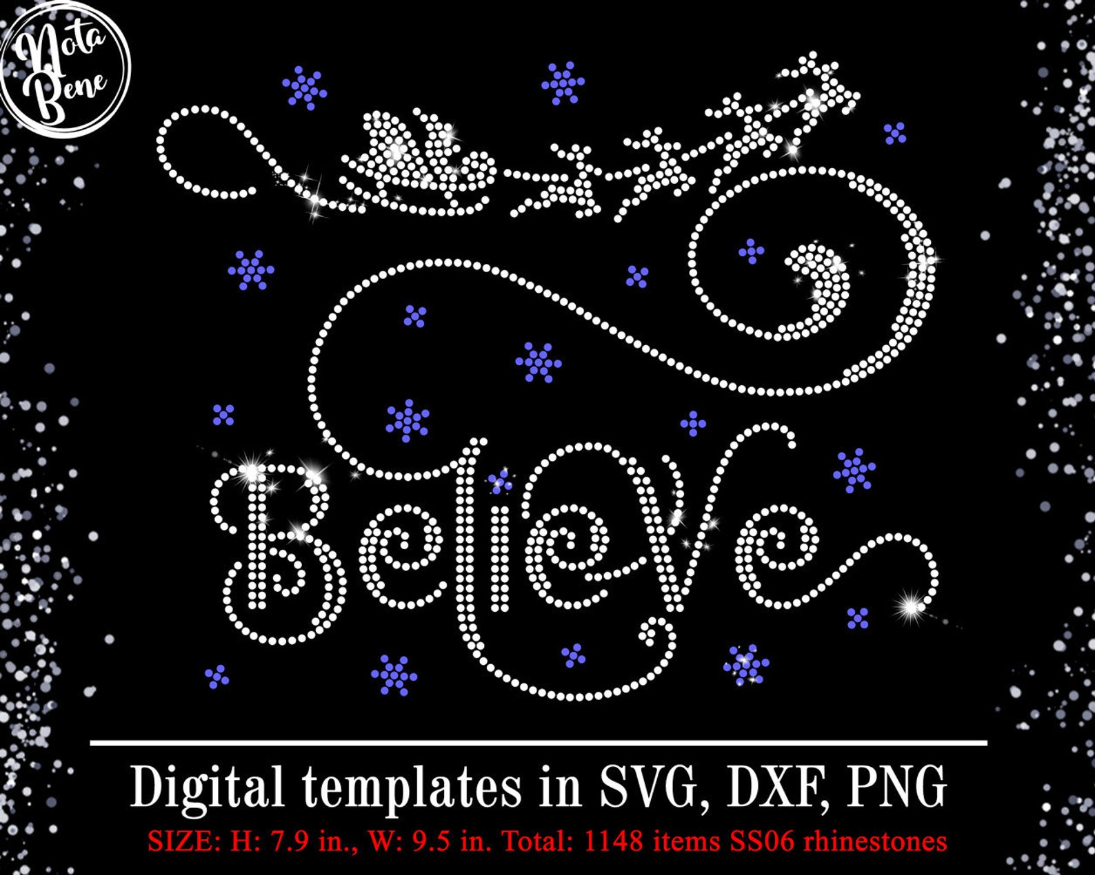 Believe Rhinestone Pattern SVG, Santa Sleigh Bling Template (digital ...