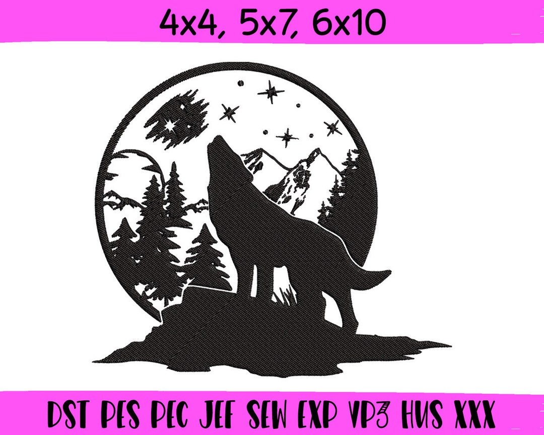 Wolf Embroidery Design, Wolf Howling Moon Embroidery, Wolves Embroidery ...