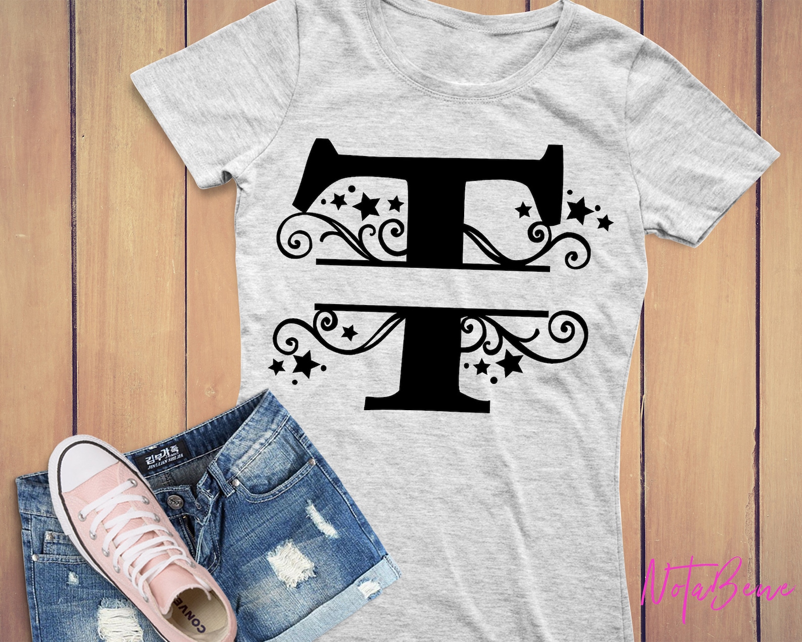 T Split Monogram SVG Swirls Stars Split Letter T SVG Elegant Divided ...