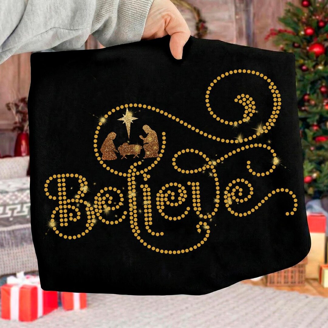 Believe Rhinestone Template SVG, Baby Jesus Manger Scene, Christian ...