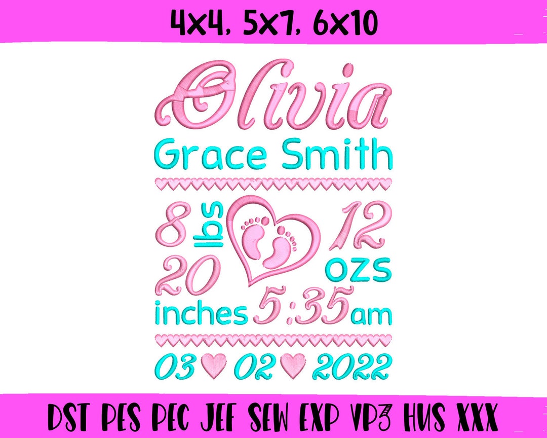 Embroidery TEMPLATE Baby Birth Stats, Baby Birth Announcement, Baby ...
