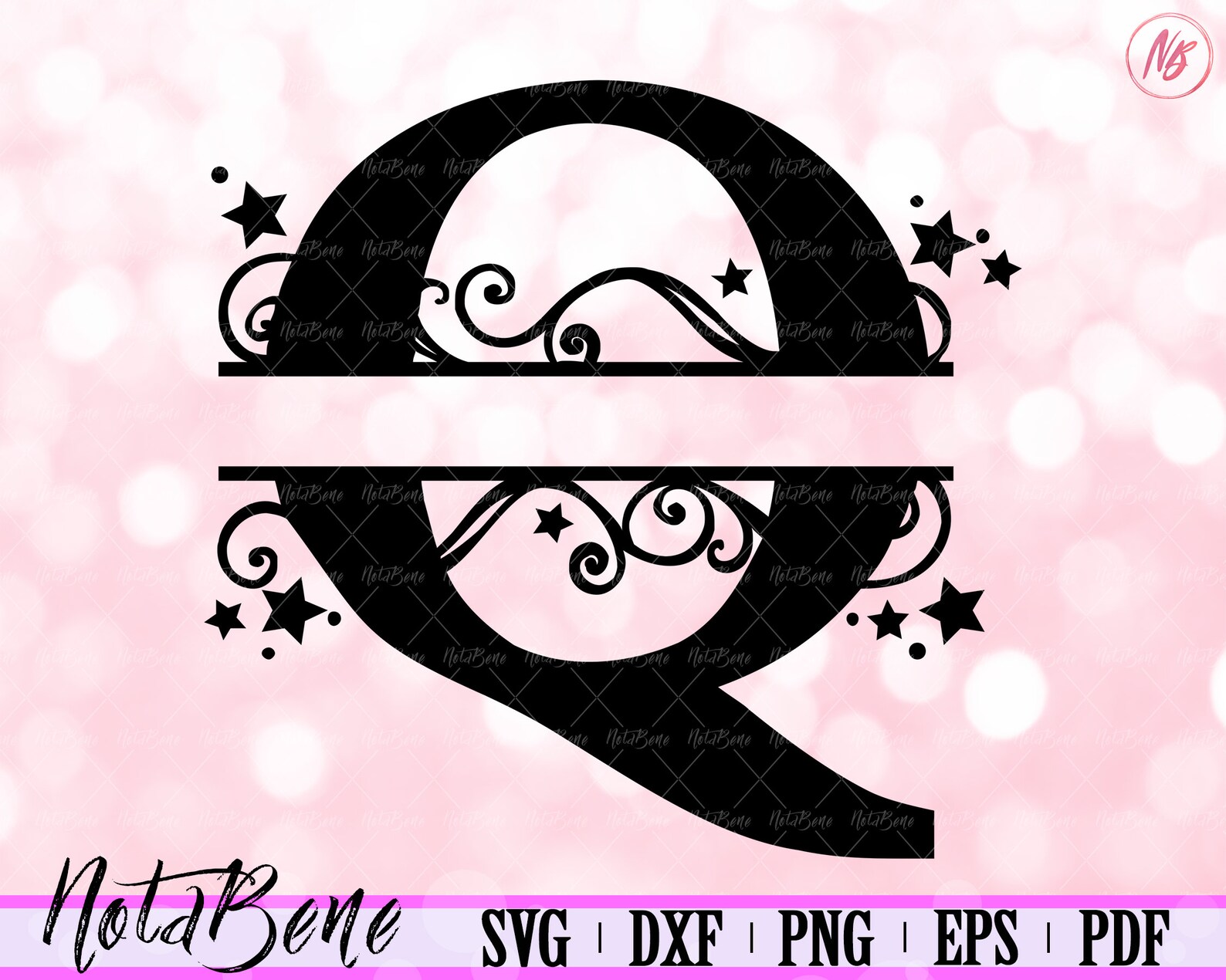 Q Split Monogram SVG Swirls Stars Split Font Letter Q SVG | Etsy