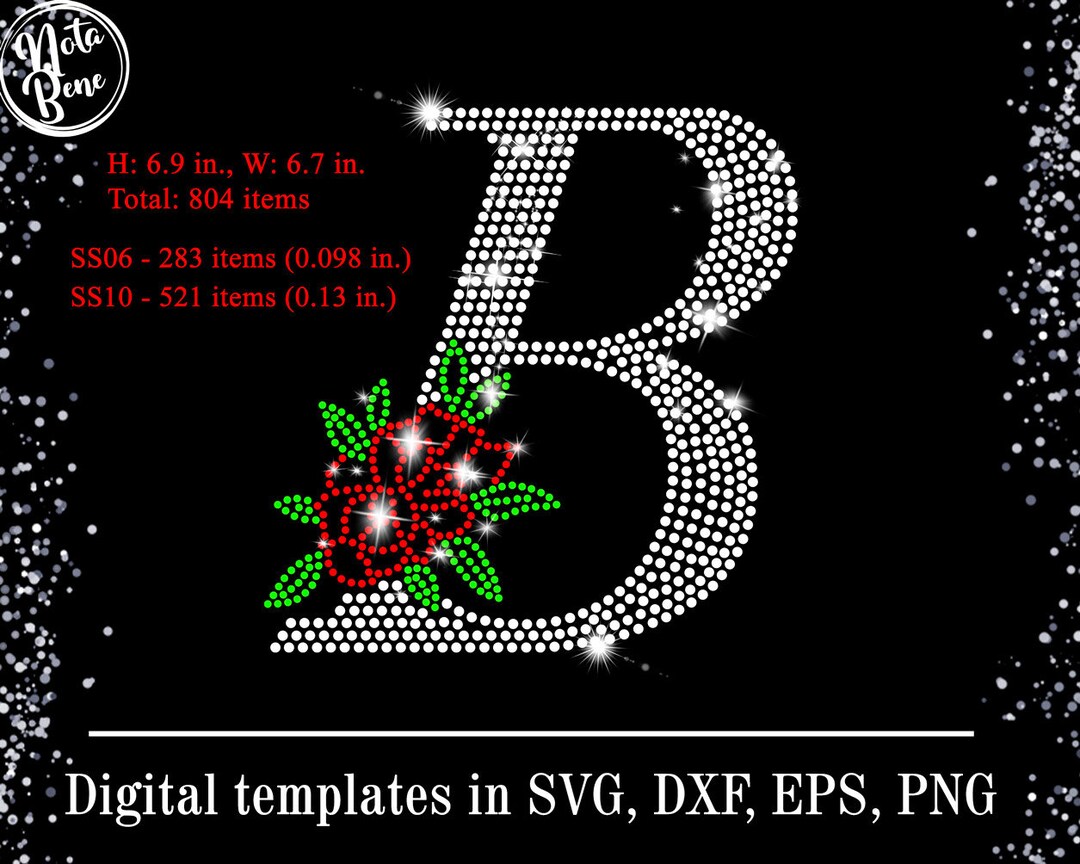 Floral Letter B Rhinestone Template SVG, Diamond Bling Monogram, Rose ...