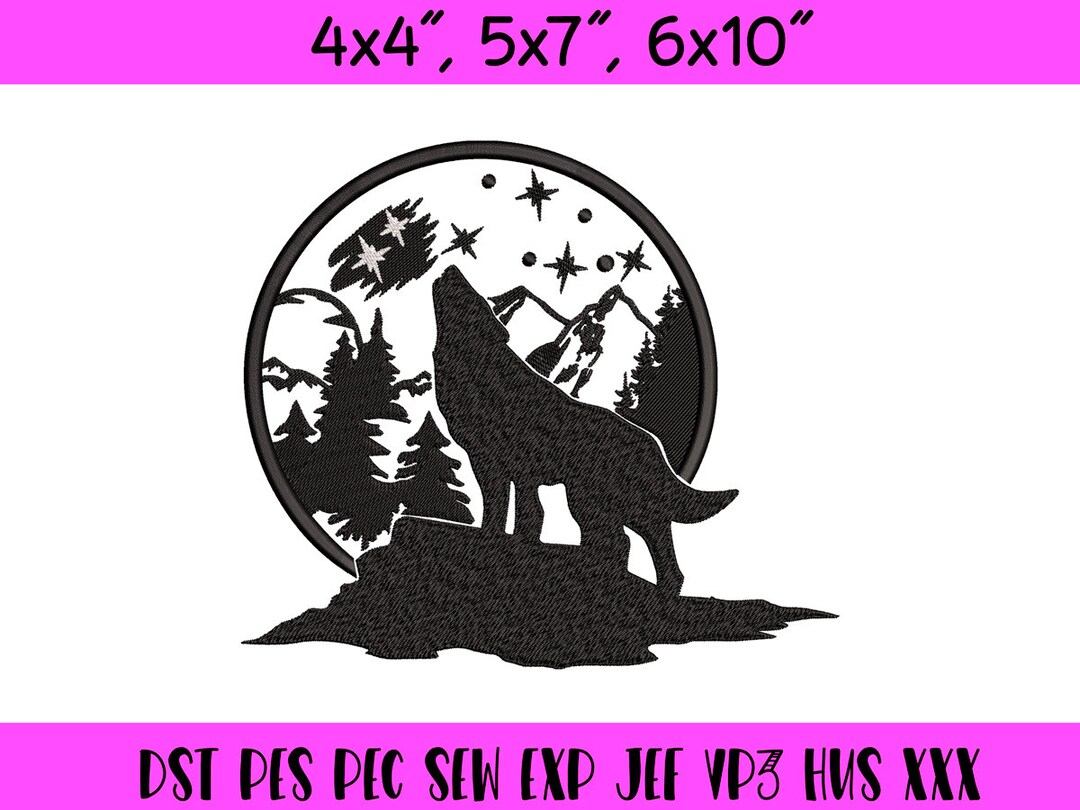 Wolf Embroidery Design, Wolf Howling Moon Embroidery, Wolves Embroidery ...