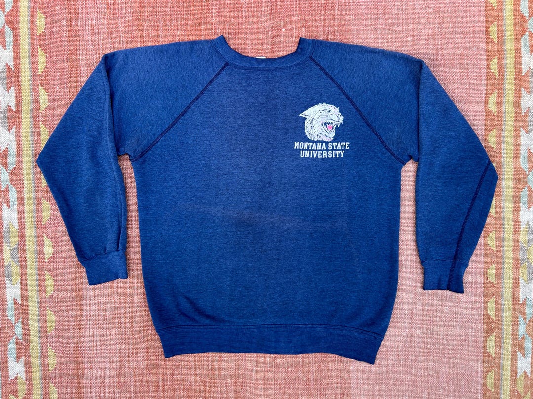 80s Montana State University, Bozeman Blue White Mascot Bobcat Raglan ...