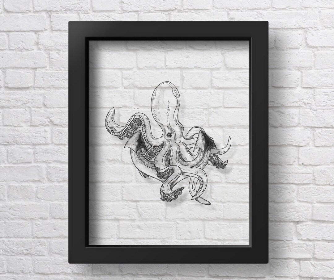 TRANSPARENT Octopus Hugging on the Anchor Poster, Octopus Print ...