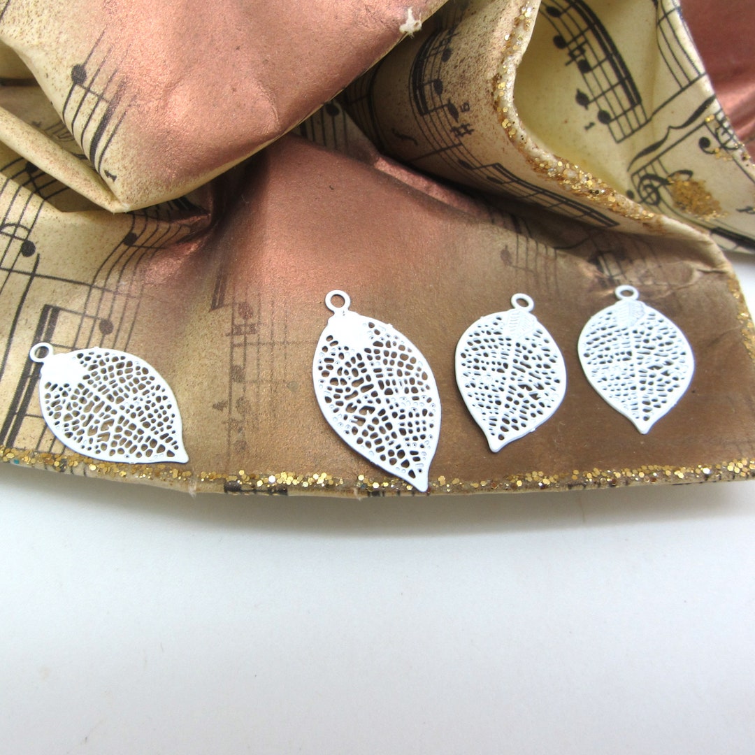 4 Small Filigree Feather Charms, White Leaf, White Feather Charm, Leaf ...
