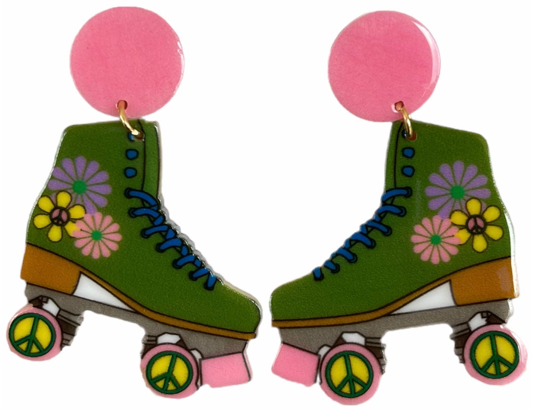 70s Retro Green Rainbow Flower Roller Derby Skate Earrings Groovy ...