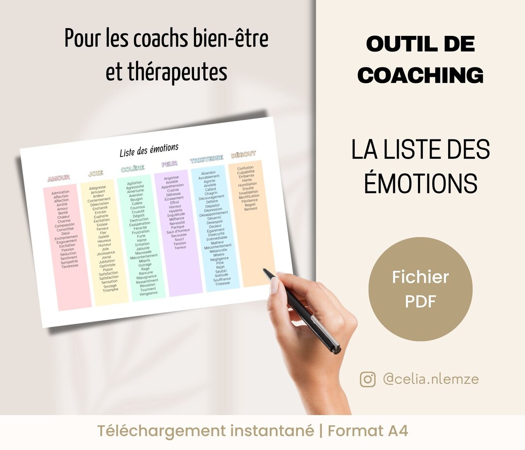 French Coaching Tool, the List of Emotions, Worksheet for Coaches in ...