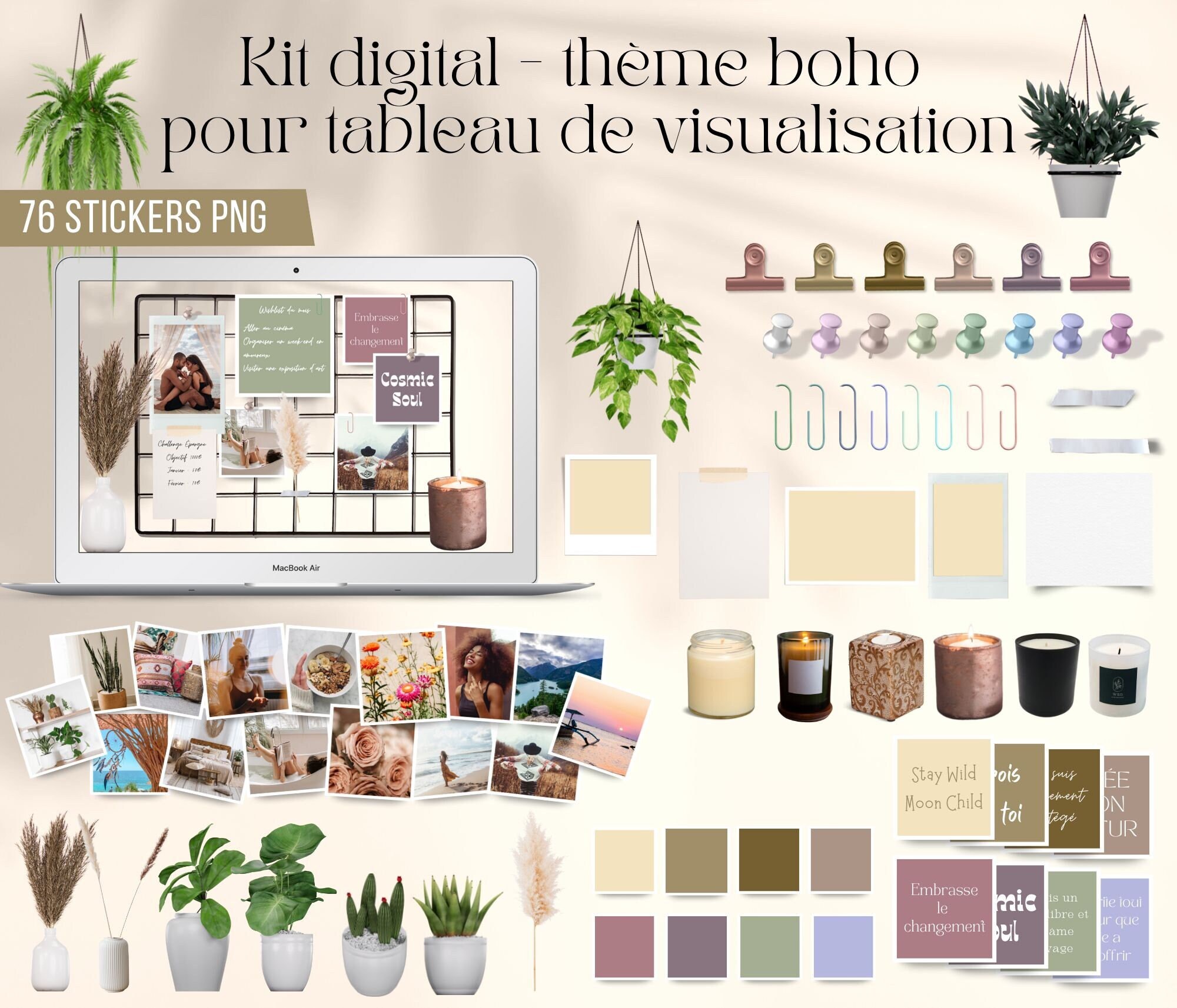 French Vision Board Kit, Boho Theme Vision Board Digital, Computer ...