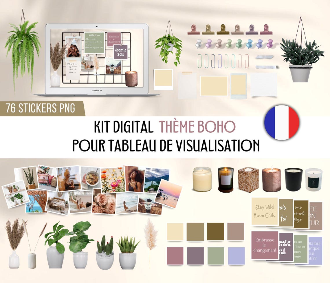 French Vision Board Kit, Boho Theme Vision Board Digital, Computer ...