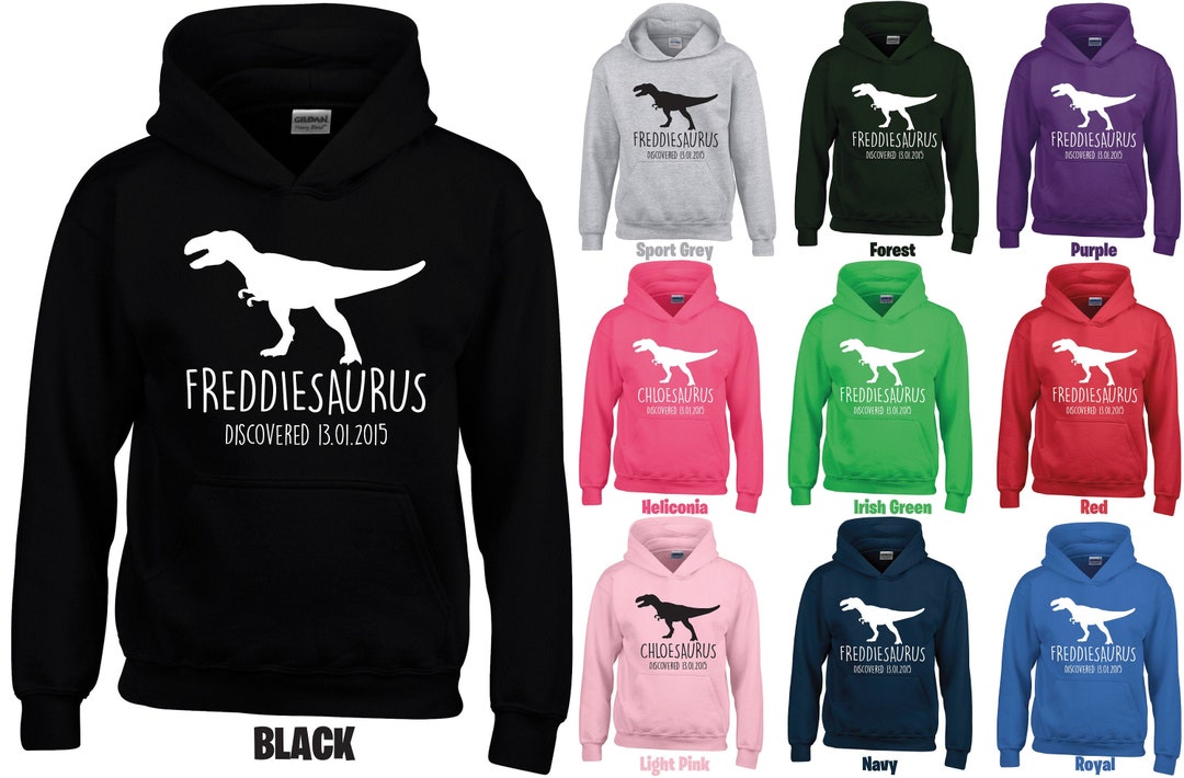 T-rex Kids Personalised Dinosaur Hoodie GD57B - Any Name and Date ...