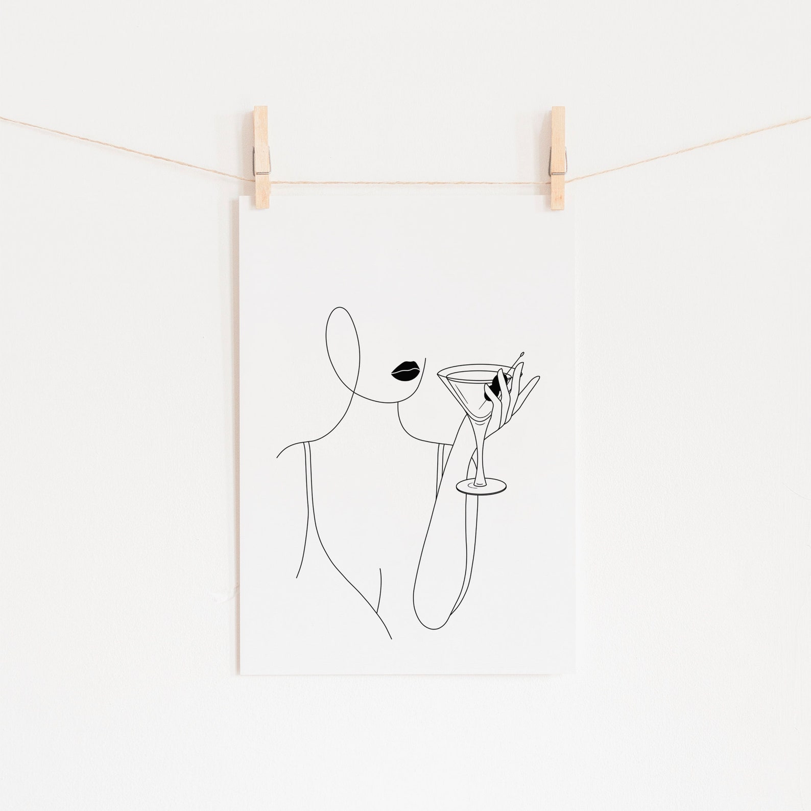 Bar Wall Art, Line Art Woman, Martini Woman Wall Art, Continuous Line ...