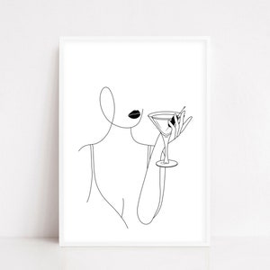 Bar Wall Art, Line Art Woman, Martini Woman Wall Art, Continuous Line ...