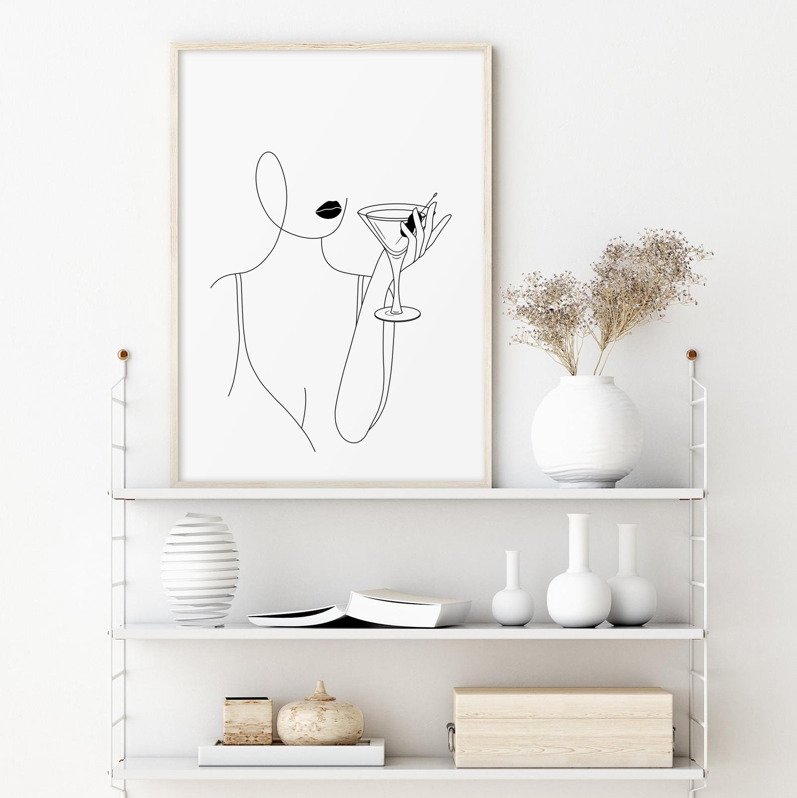 Bar Wall Art, Line Art Woman, Martini Woman Wall Art, Continuous Line ...
