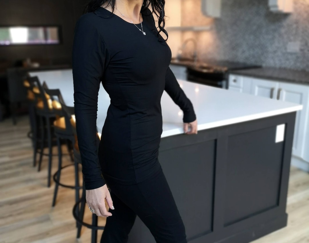 Hi Neck Black Long Sleeve Basic Top. Soft Lightweight Black Long Tunic ...