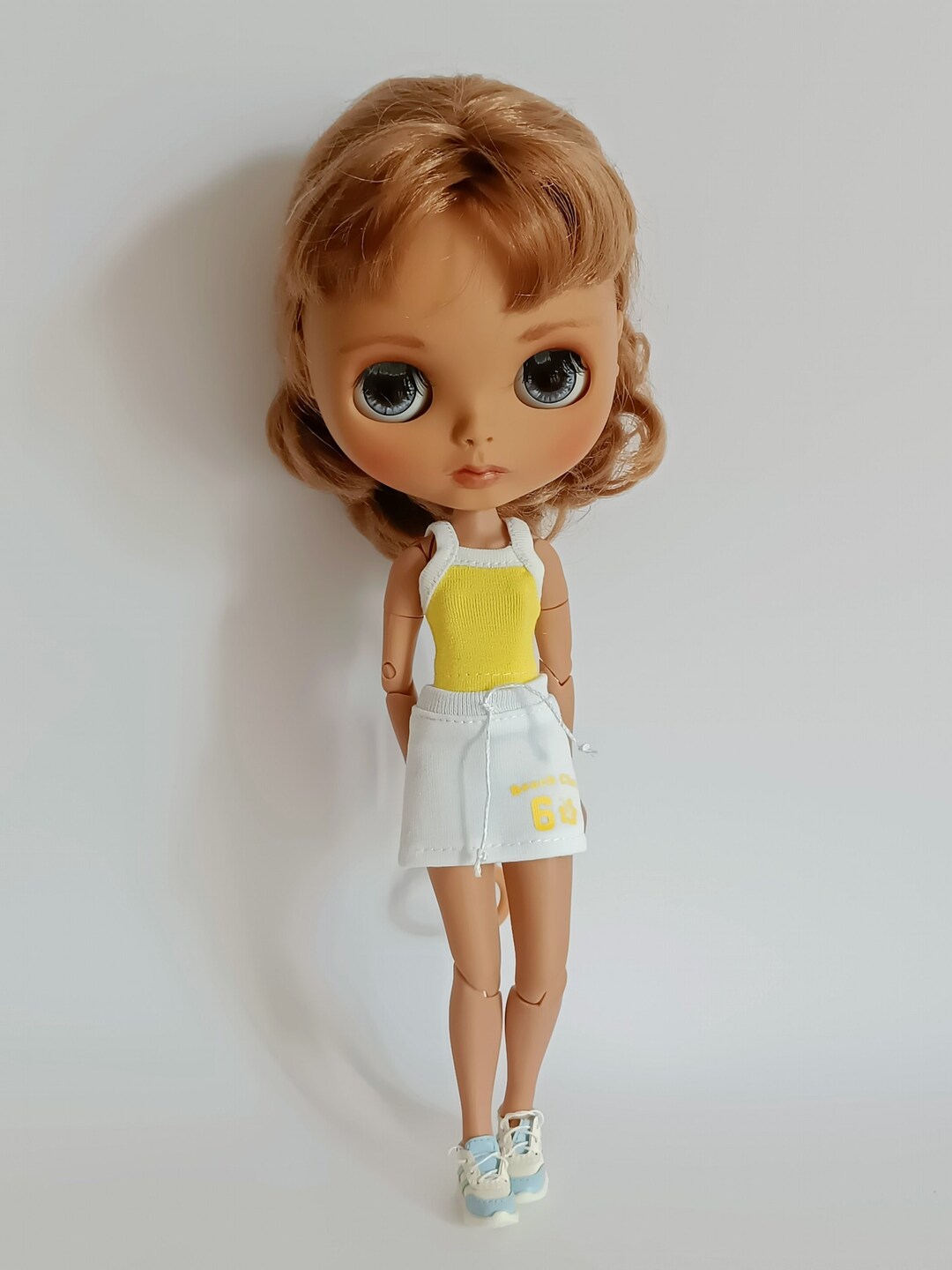 Summer 2024 Outfit, Yellow Strappy Top, White Sweatshirt Skirt ...