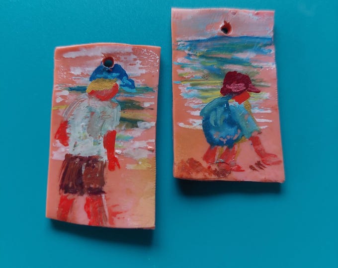 Children at the Beach, Landscape Painted on Handmade Polymer Clay ...