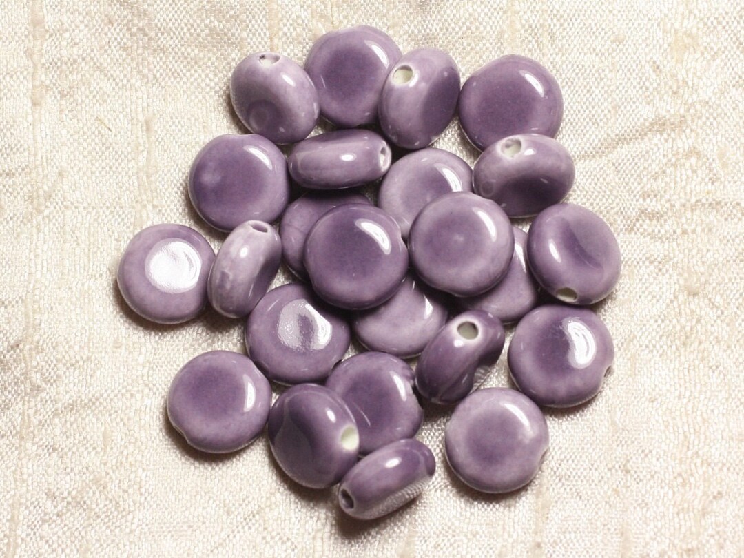 5pc Porcelain Ceramic Beads Flat Round Puck 14mm Purple Mauve Parma ...