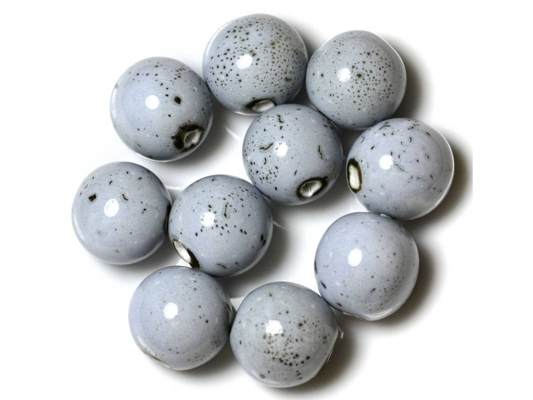 10pc Porcelain Ceramic Beads Balls 18mm Light Blue Pastel Black Spotted ...