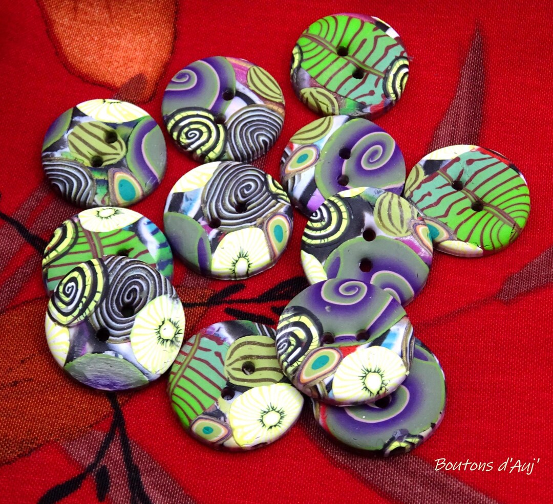 2cm Round Patterned Buttons, Pack of 4, Handmade Polymer Clay, Machine ...