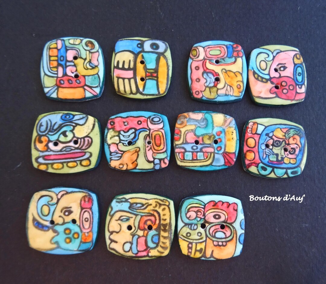 Original Square Buttons: Mayan Symbols, 2.4 Cm, Hand Painted Handmade ...