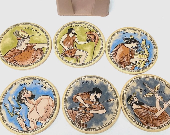 Vintage Ceramic Greek / Greece Coaster Set - MYTHOLOGY GODS ART Set of ...
