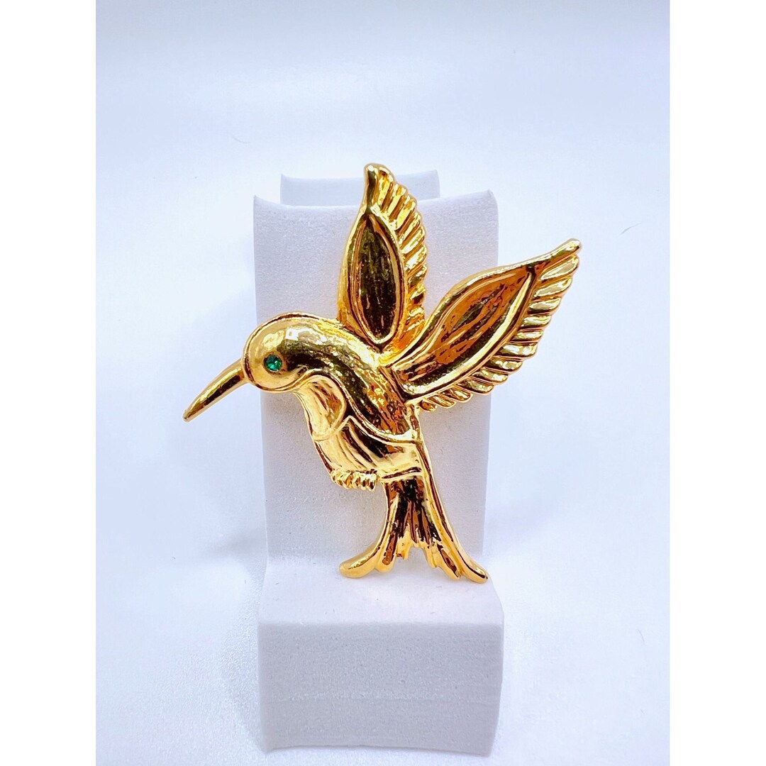Vintage Signed Aai Shiny Gold-tone Hummingbird Brooch Pin Green ...