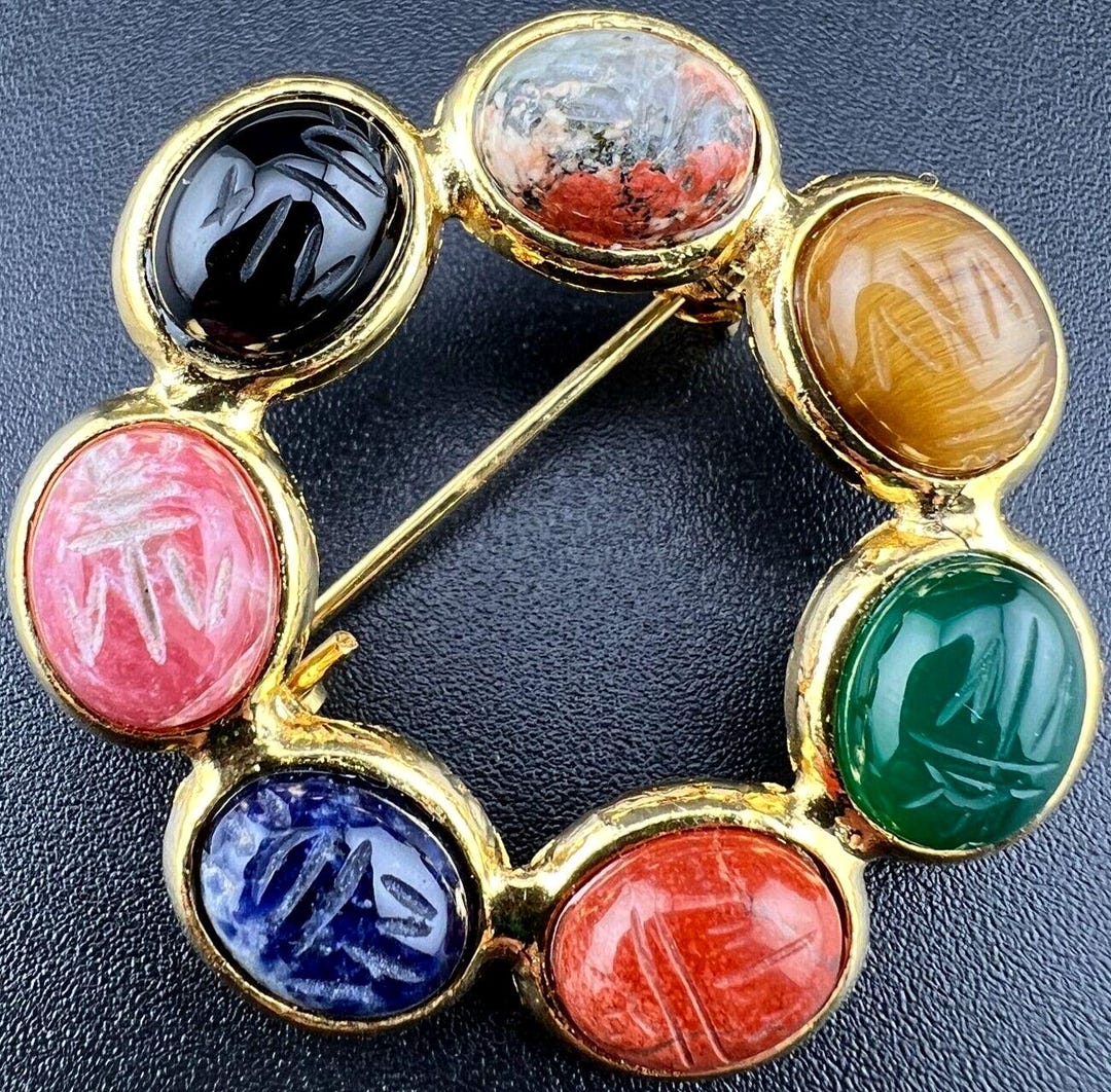 Vintage Scarab Beetle Brooch 10k Gold Plated Multi Gemstone Lapis Jade ...