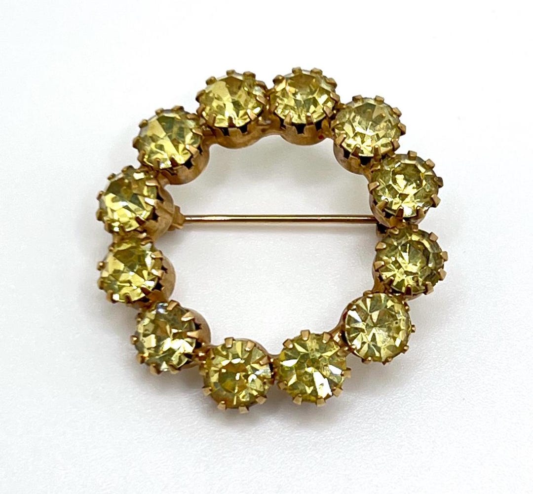 Vintage 1950's Chartreuse Rhinestone Circle Pin Faceted Sparkly Lime ...