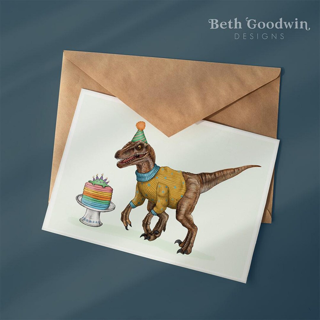Dinosaur Birthday Card, Velociraptor Birthday Card, Birthday Card for ...
