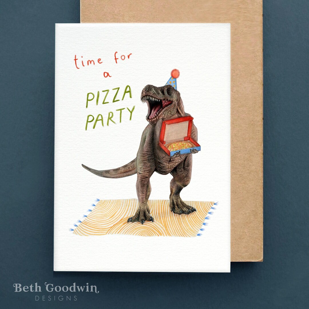 Pizza & T-rex Card, Dinosaur Birthday Card, Cards for Him, T-rex Card ...