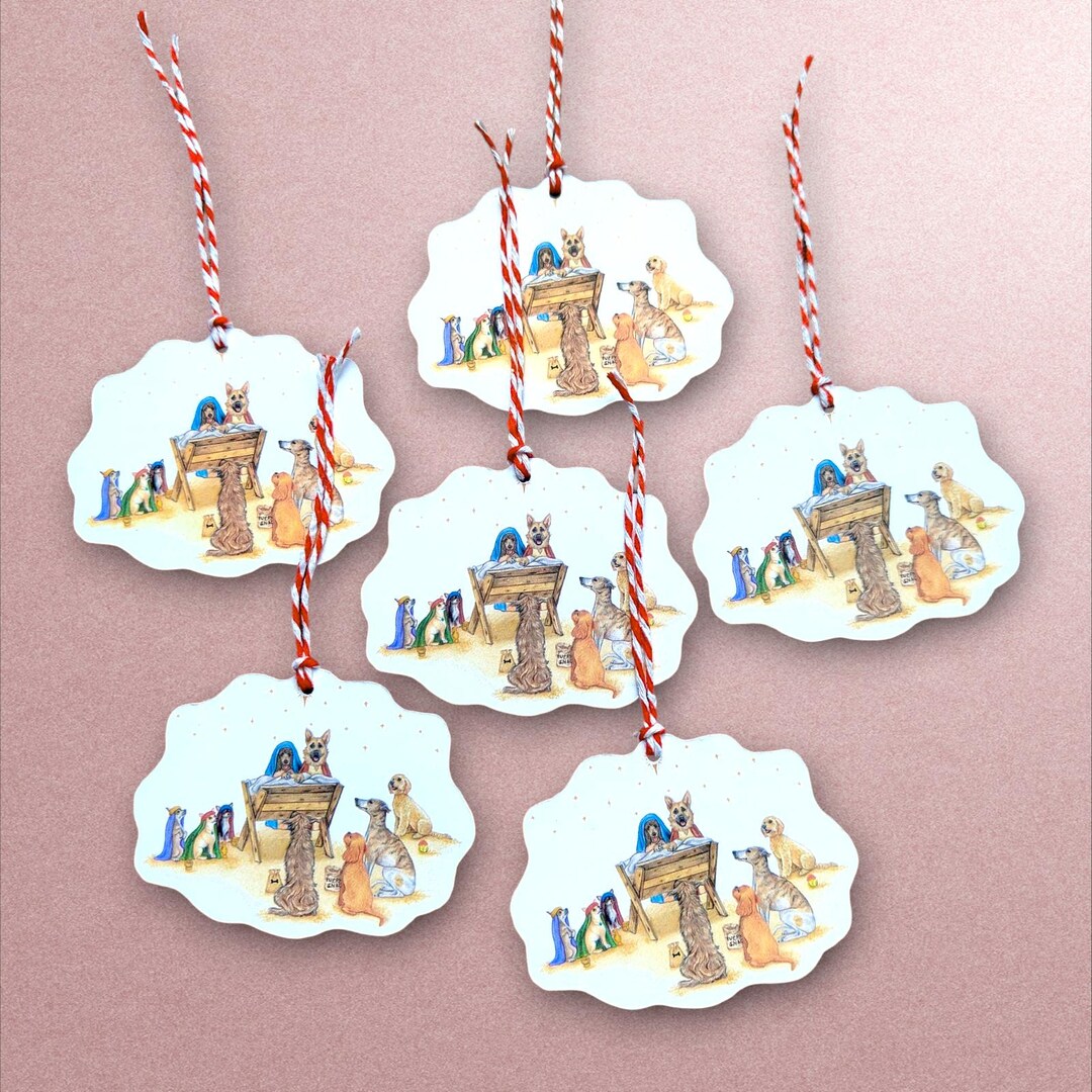 Set of Christmas Gift Tags - Dog Nativity Design, Funny Illustrated ...